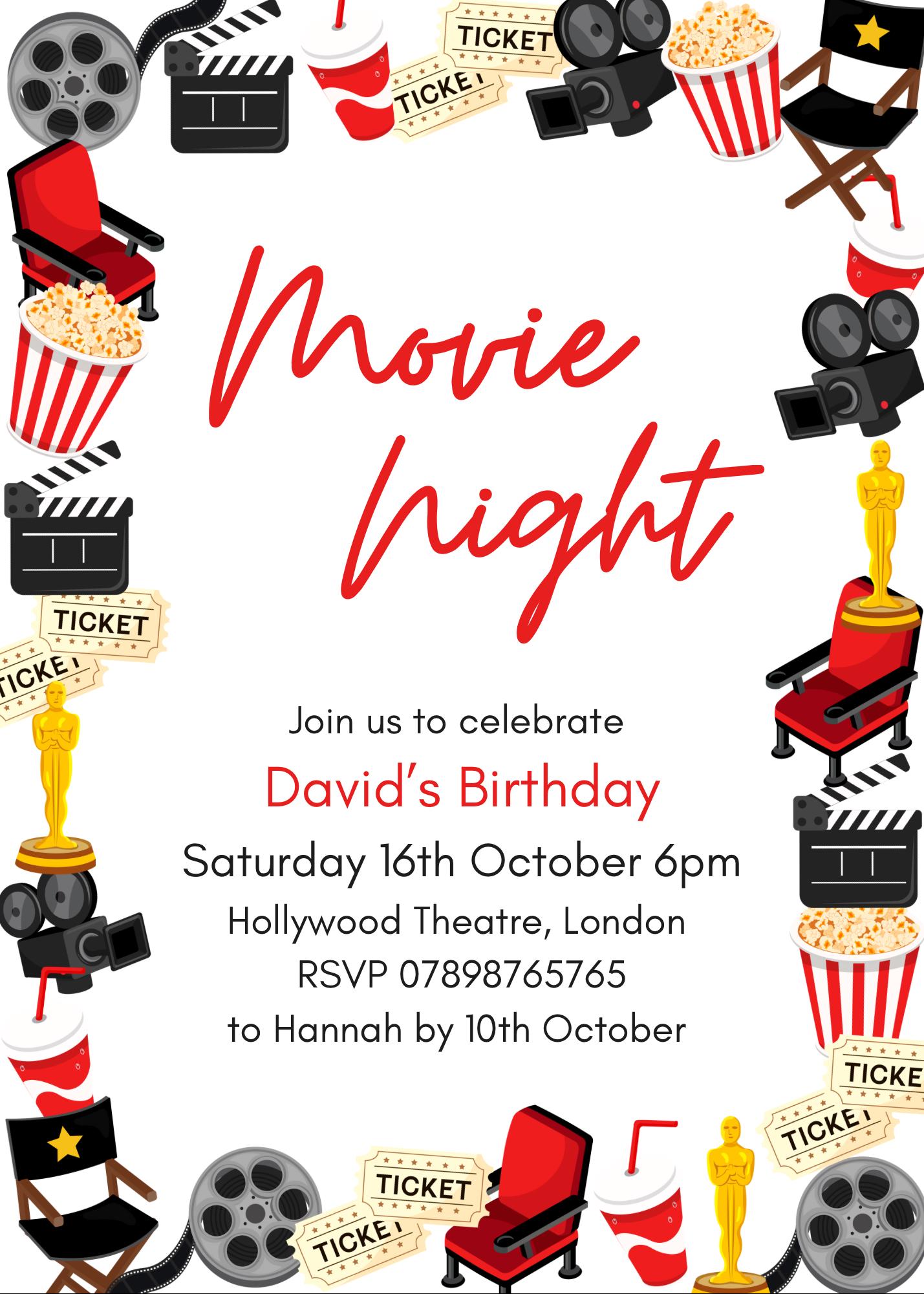 Movie Night Cinema Party Invitation Editable Instant Download, Red ...