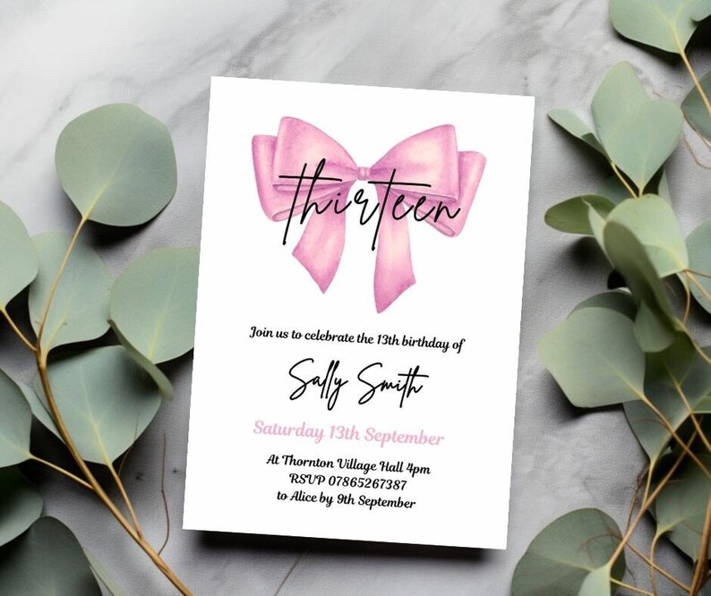 Simple Pink Bow Birthday Invitation, Teen Classy Cute Party Invite ...