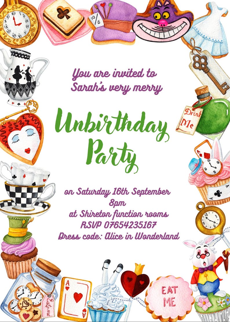 Alice in Wonderland Unbirthday Tea Party Editable Invitation, Birthday ...