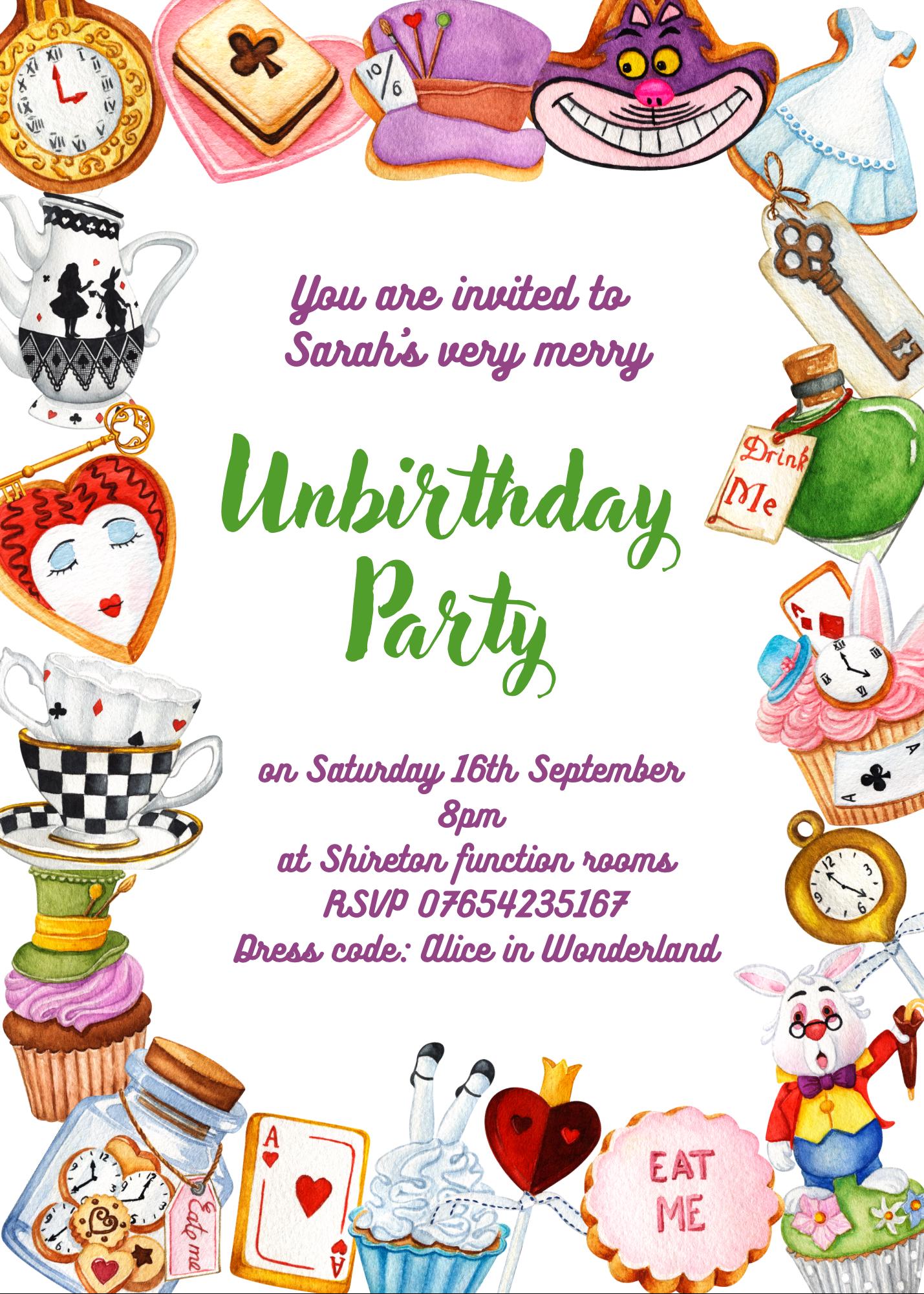 Alice in Wonderland Unbirthday Tea Party Editable Invitation, Birthday ...