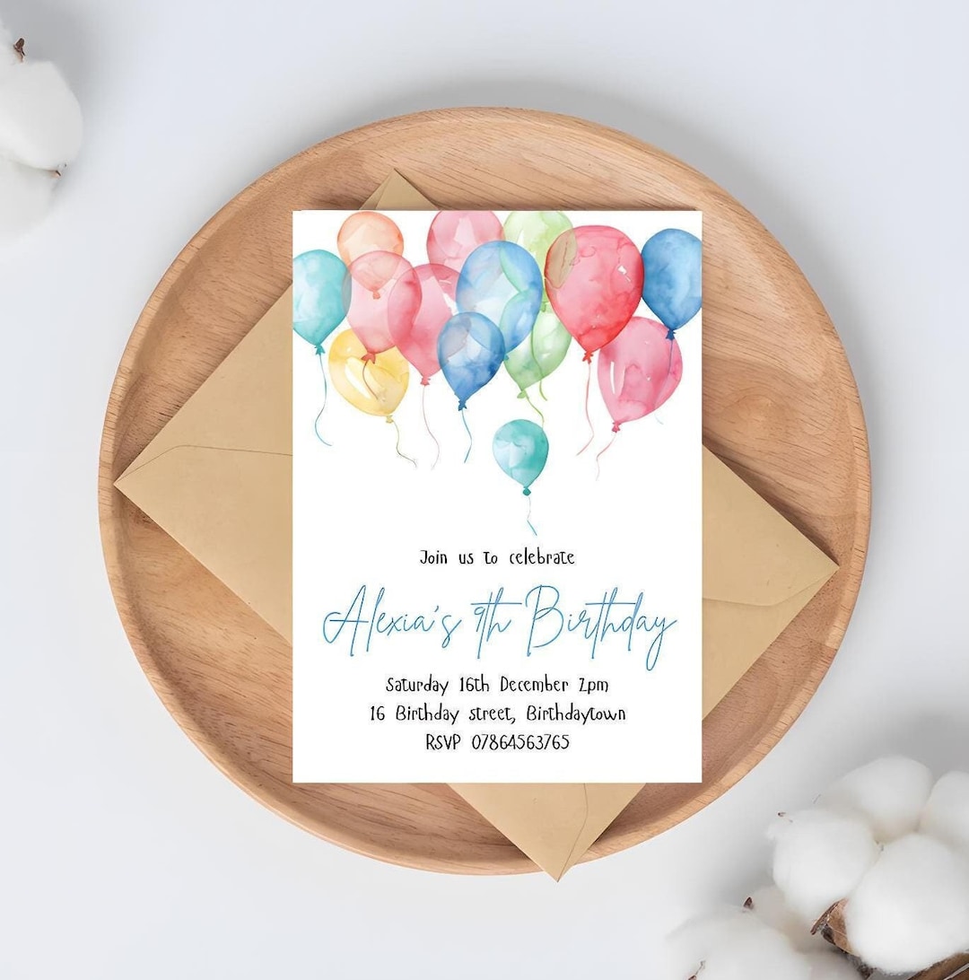 Balloons Birthday Party Invitation Watercolour Rainbow Editable Instant ...