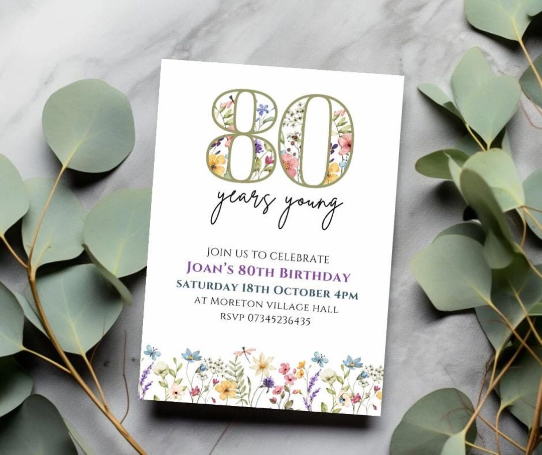 80th Birthday Wildflower Editable Invitation Pastel, Eightieth Party ...