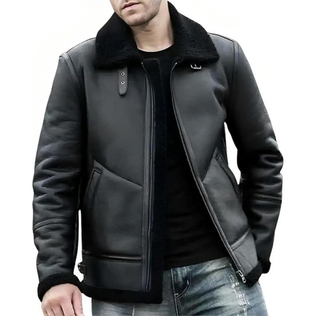 Mens B3 Black Fur Shearling Aviator Genuine Sheepskin Leather WW2 ...