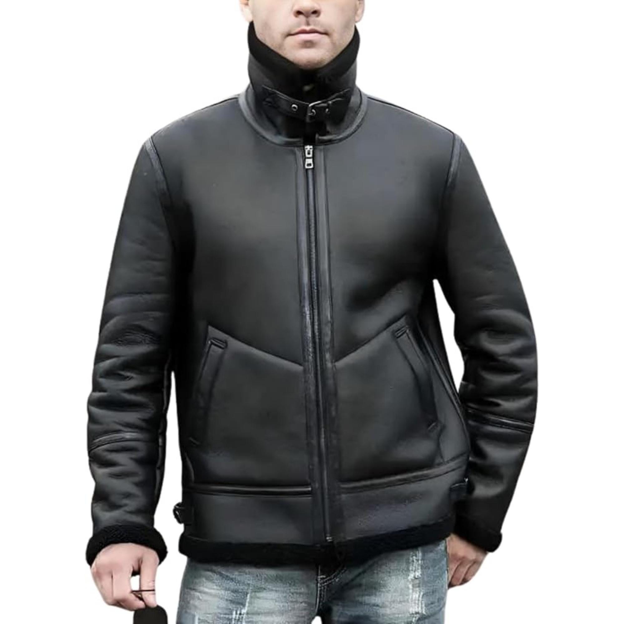 Mens B3 Black Fur Shearling Aviator Genuine Sheepskin Leather WW2 ...