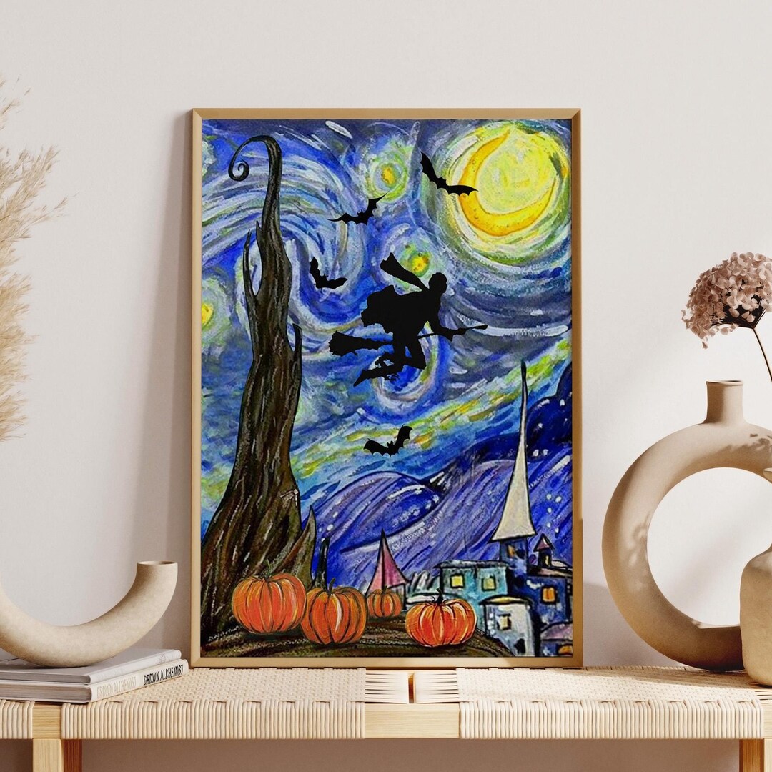 Starry Night Witch Poster, Witch Halloween Home Decor, Witchcraft Lover ...