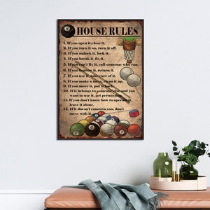 8 House Rules Print, Billiard Table Facts Poster, Game Room Wall ...