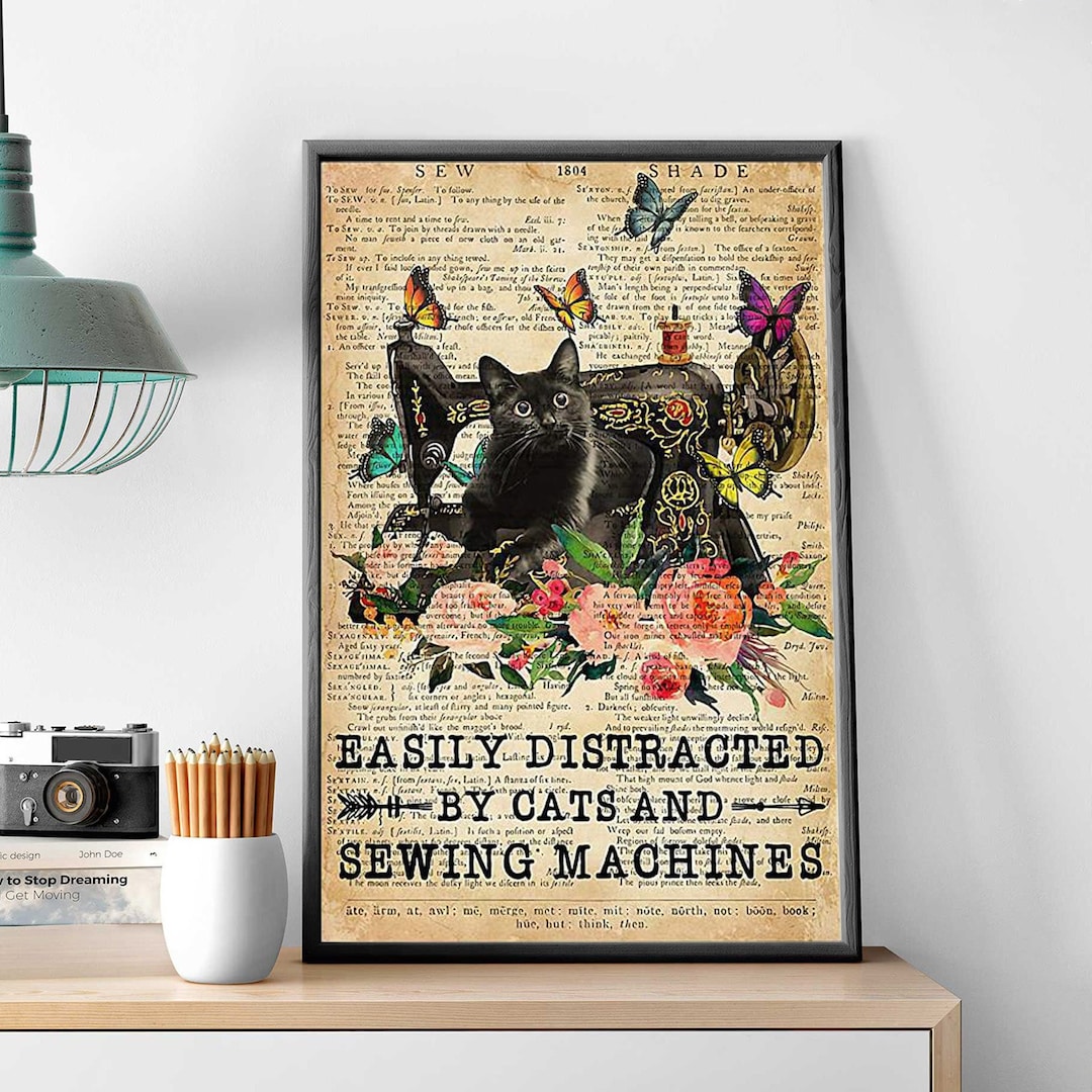 Black Cat Sewing Machines Art, Easily Distracted by Cats and Sewing ...