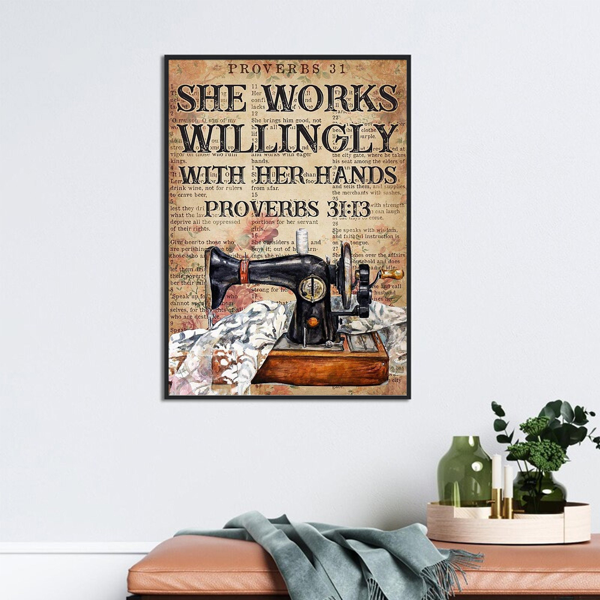 Floral Sewing Machine Art, She Works Willingly With Her Hands Poster ...