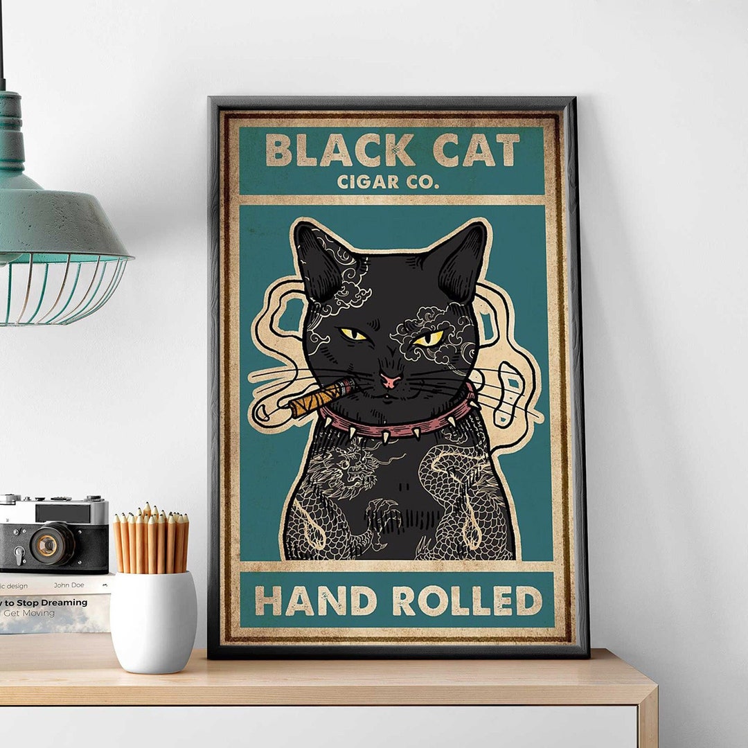 Black Cat Cigar Co Hand Rolled Print, Black Cat Smoking Cigar Poster ...