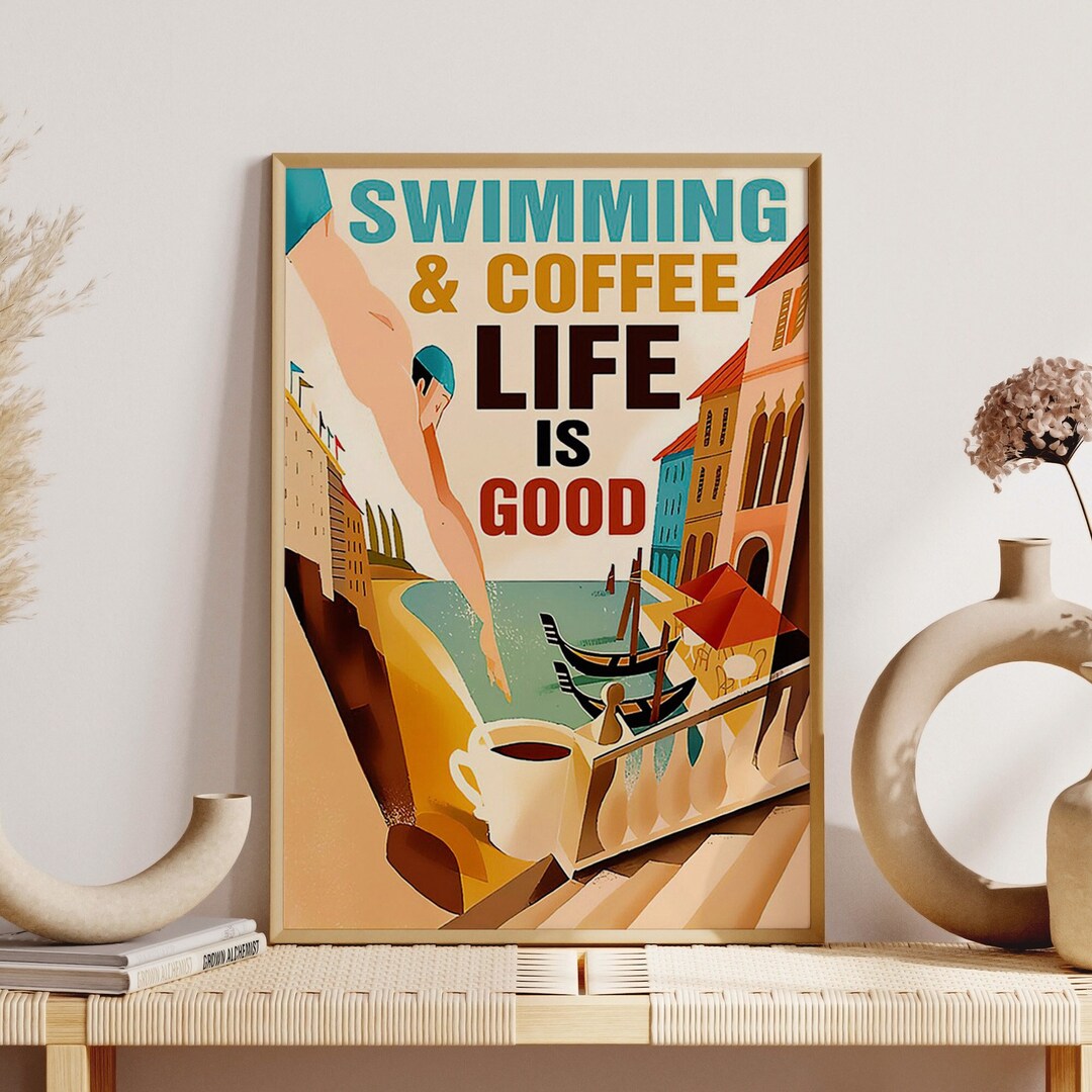 Swimming Man Drink Coffee Print, Swimming Coffee Life is Good Poster ...
