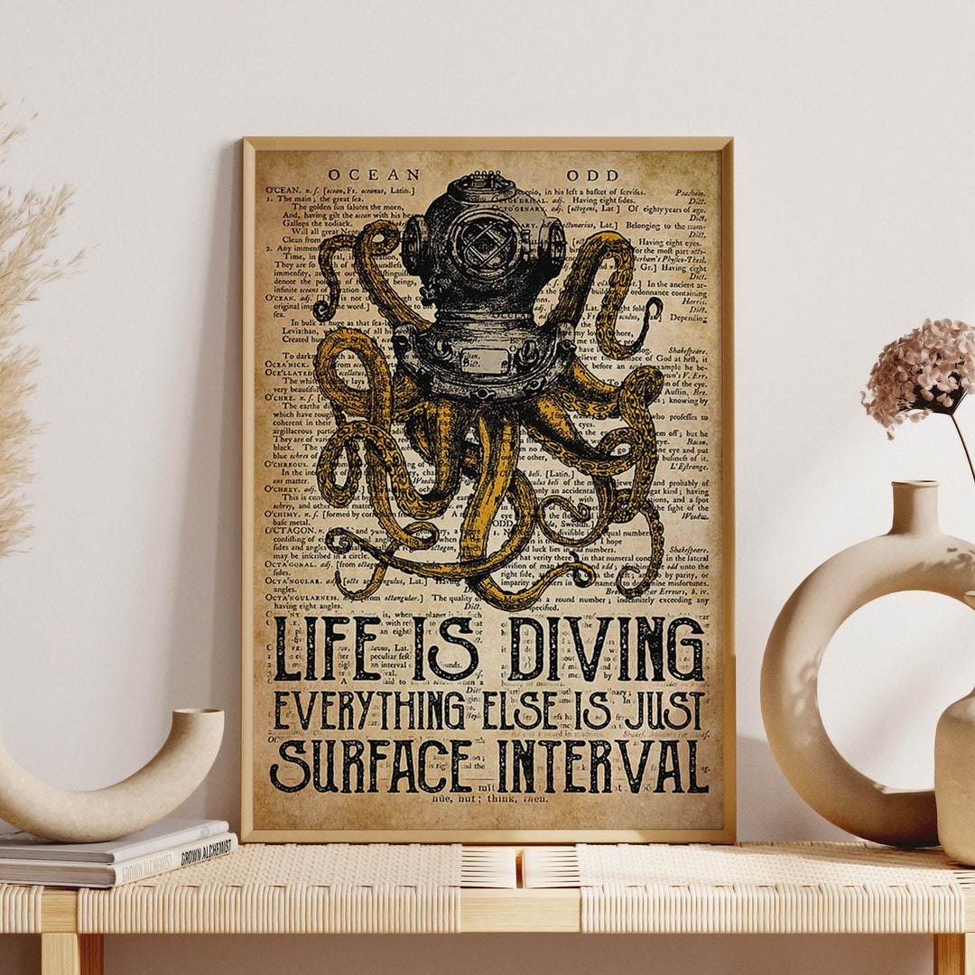 Retro Octopus Scuba Diving Poster, Life is Diving Vintage Poster, Scuba ...