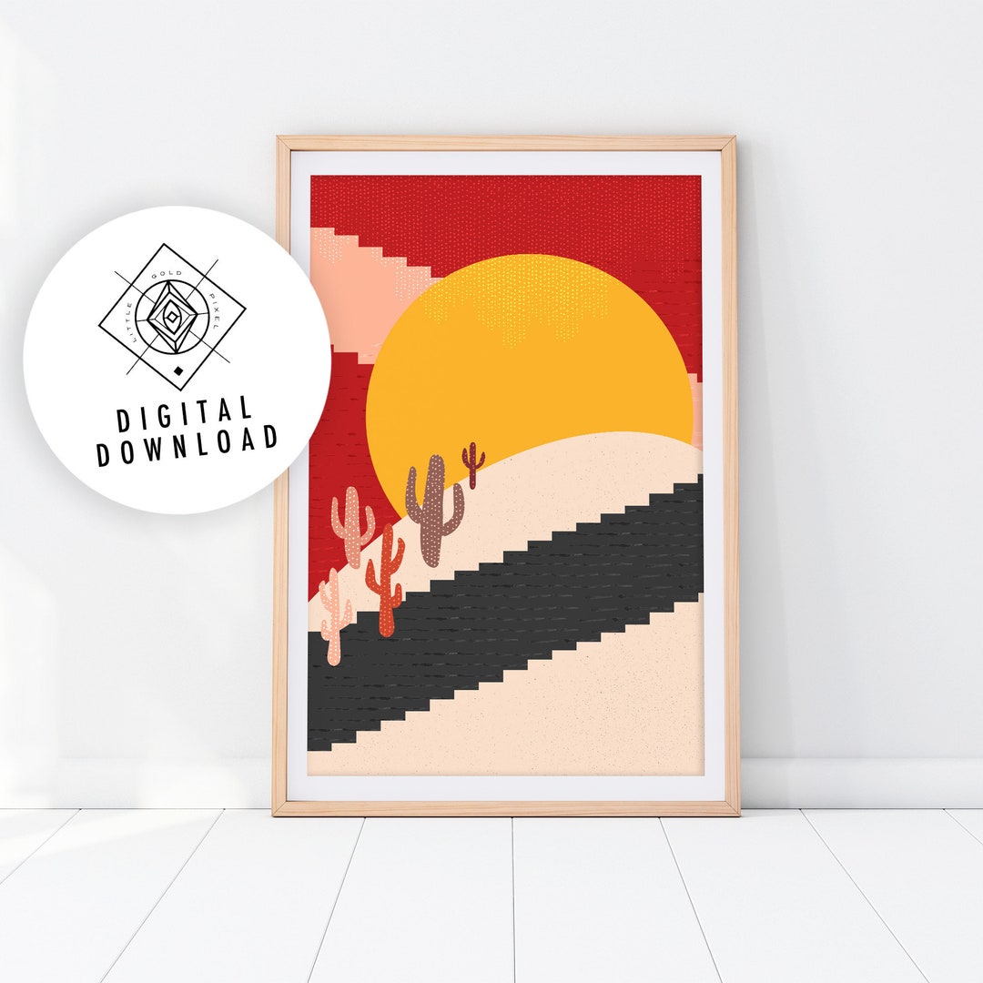 Modern Boho Desert Abstract Printable Wall Art, Southwest Sunset Cactus ...