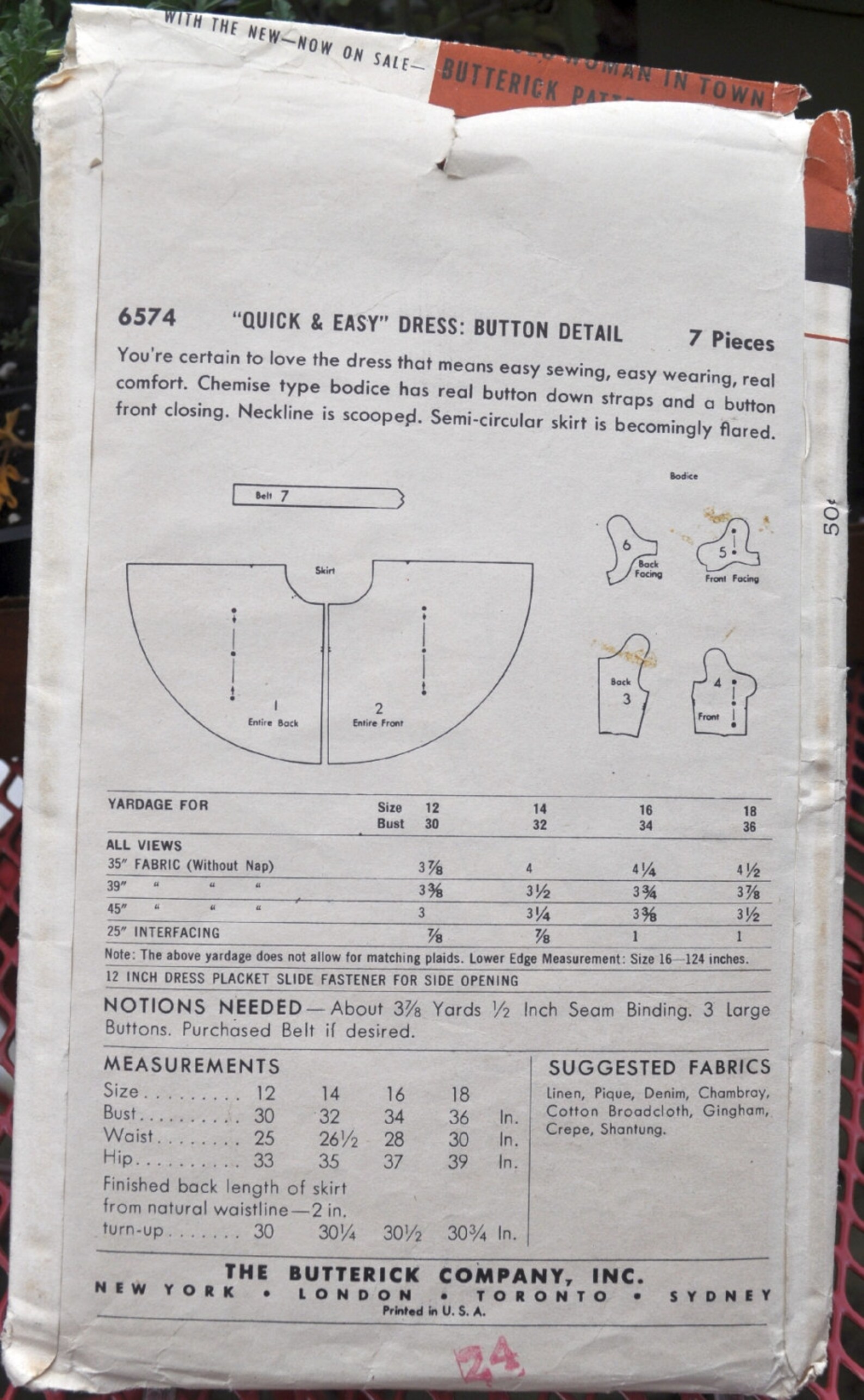 Butterick 6574 - Beautiful 1950s Sundress With Button Details - Full ...