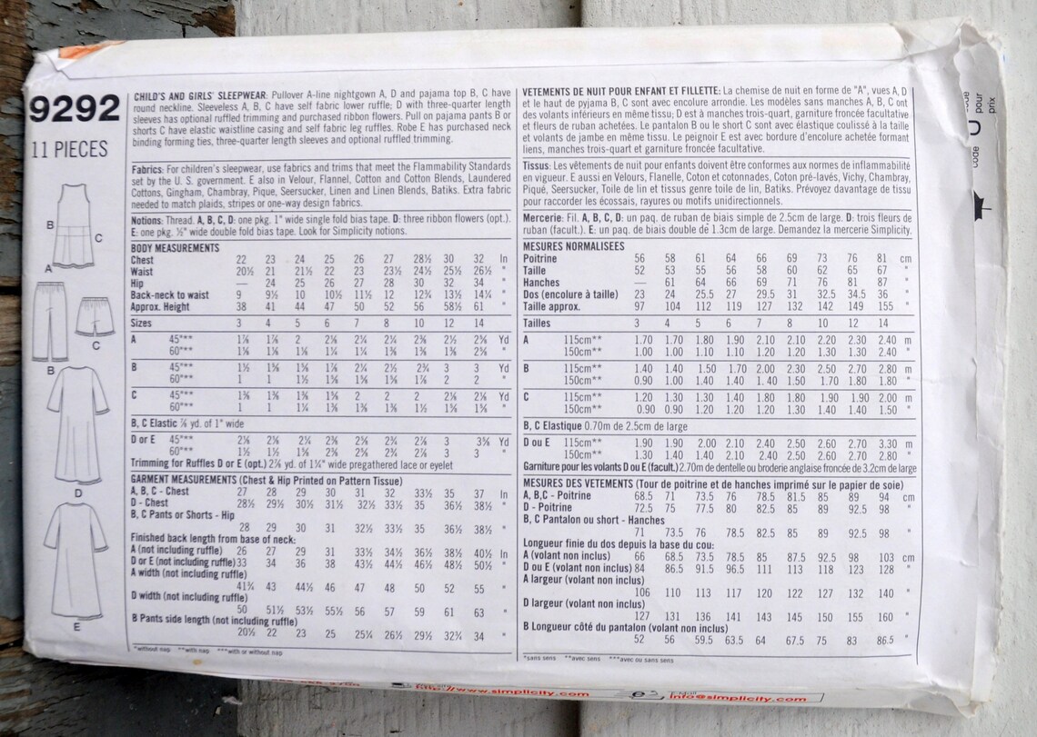 Simplicity 9292 Easy To Sew Girls' Pajamas Nightgown | Etsy