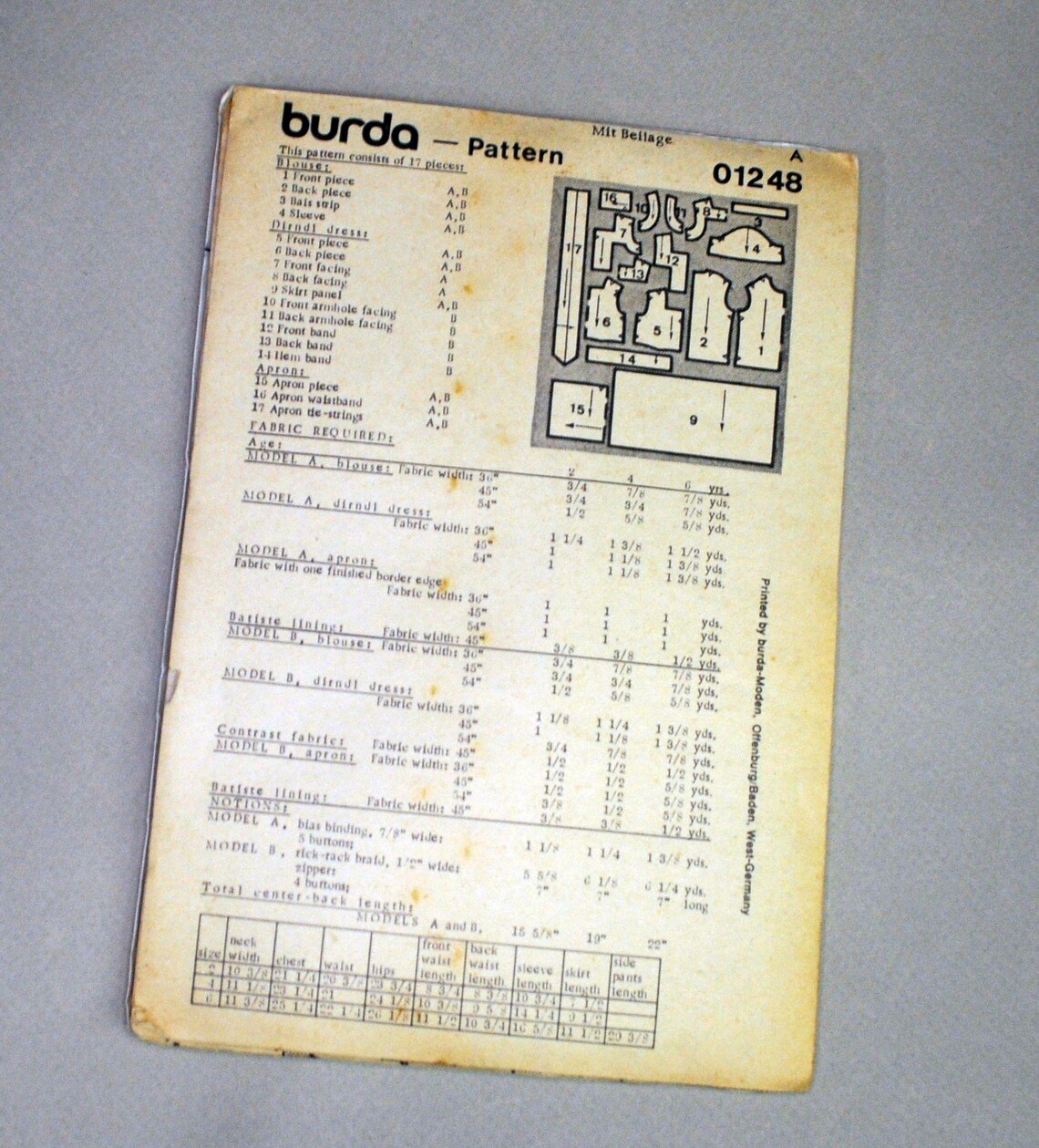 Burda 01248- DIY Girls' Dirndl Dress - Vintage 1970s - Size 6 - Blouse ...