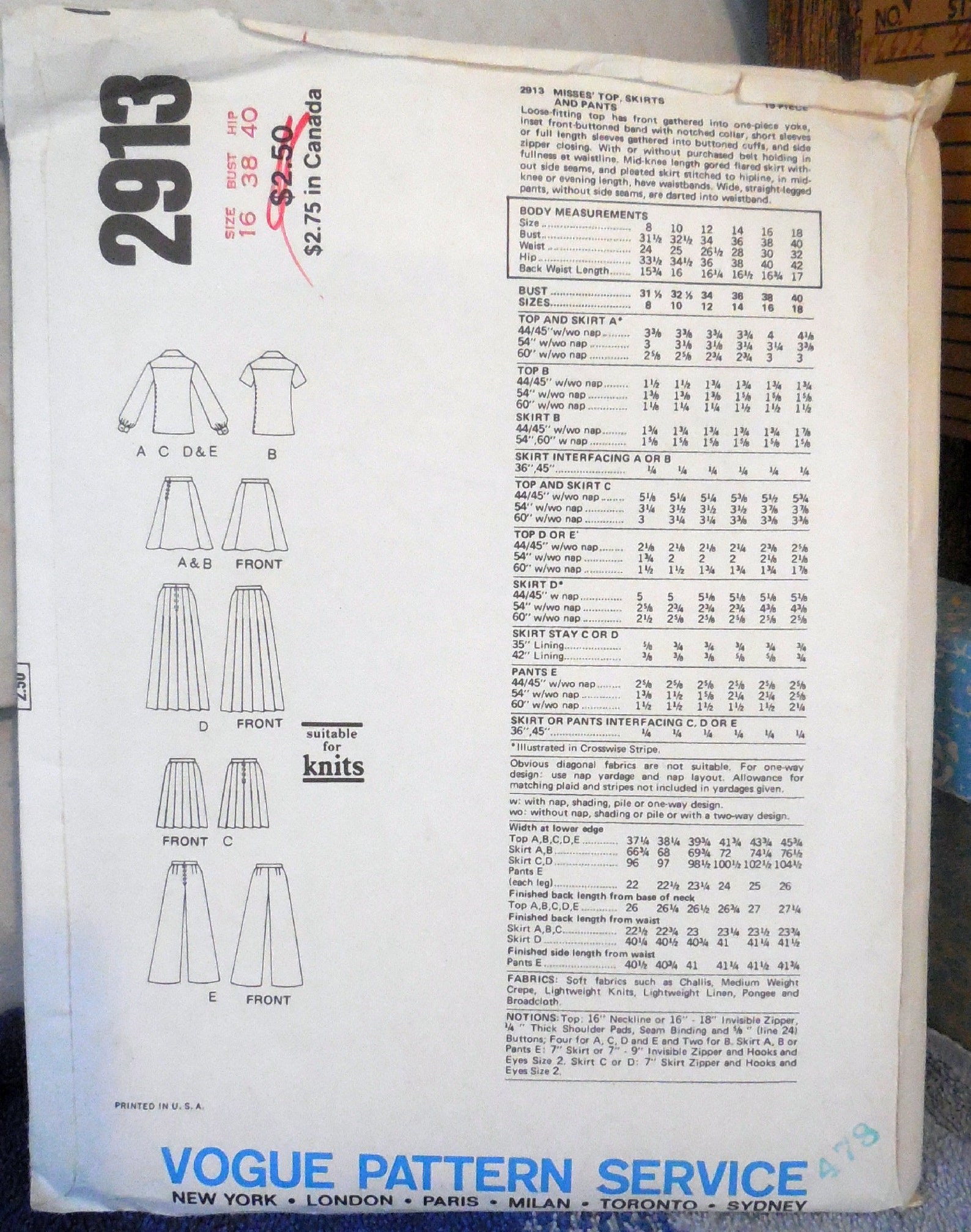Vogue 2913 - Vintage 1970s Vogue Basic Design Pattern - Dress, Pants ...