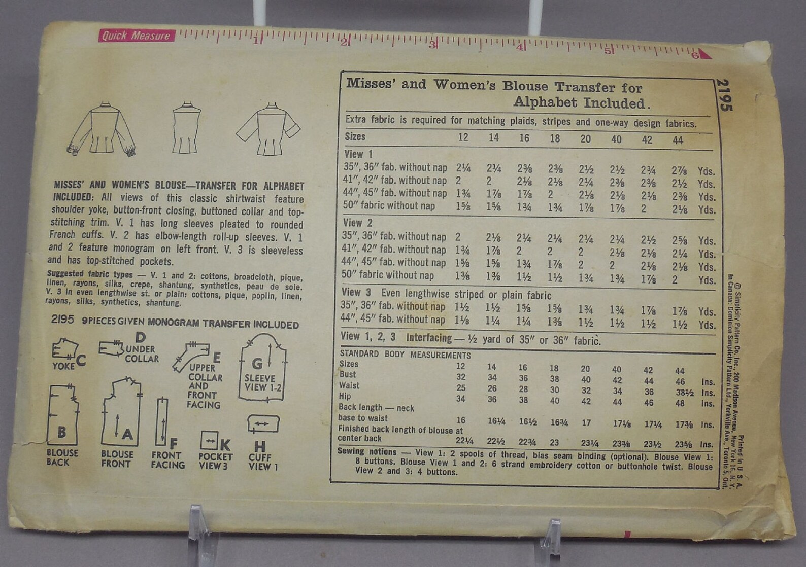 Simplicity 2195 Vintage Blouse Pattern W/ Monogram Applique - Etsy