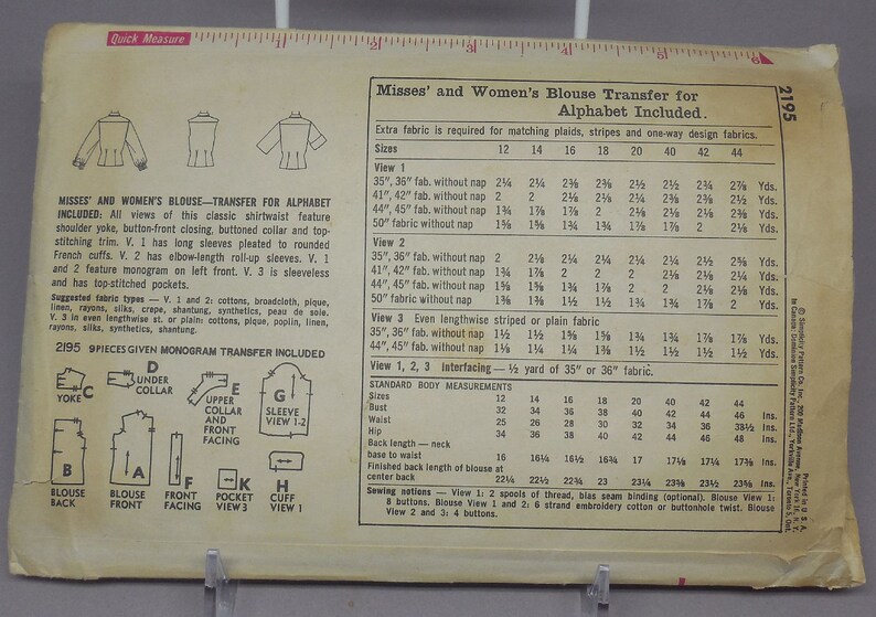 Simplicity 2195 Vintage Blouse Pattern W/ Monogram Applique - Etsy