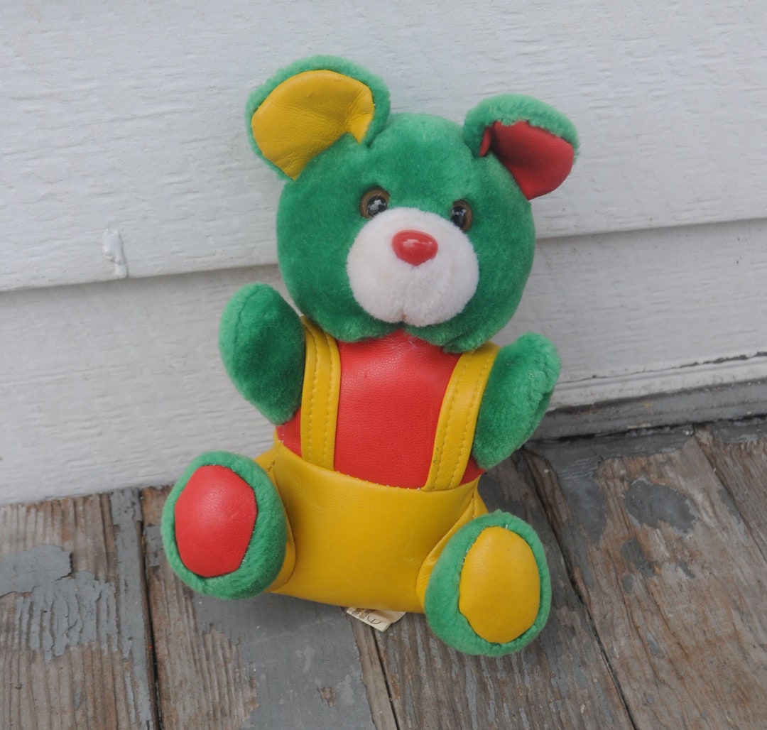 Vintage 1970s / 1980s Green Teddy Bear W/ Vinyl Details Colorful Teddy ...