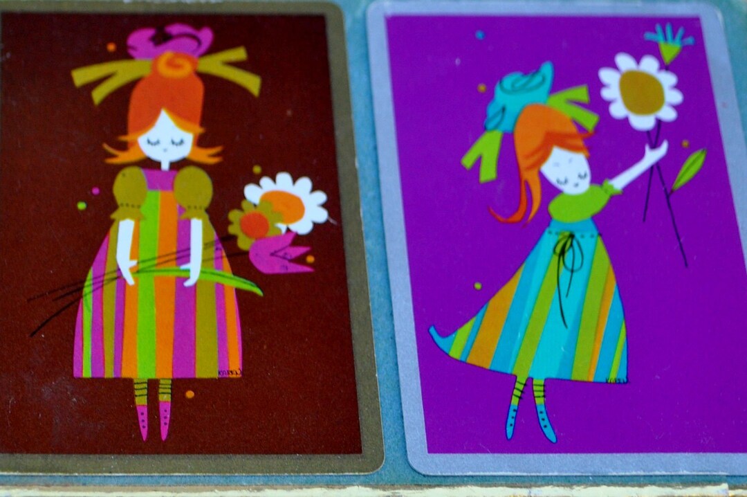 Vintage 1960s Hippie / Mod Playing Cards - Colorful Girl With Flowers ...