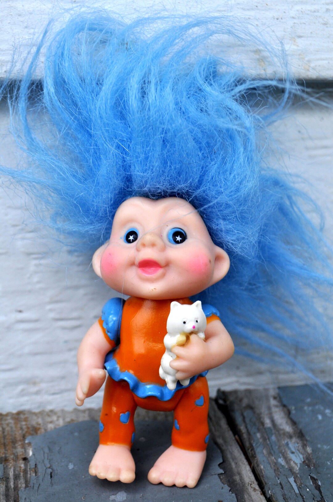 Vintage 1990s Applause Troll W/ Kitten Jointed Cat Lover Baby Blue Hair ...