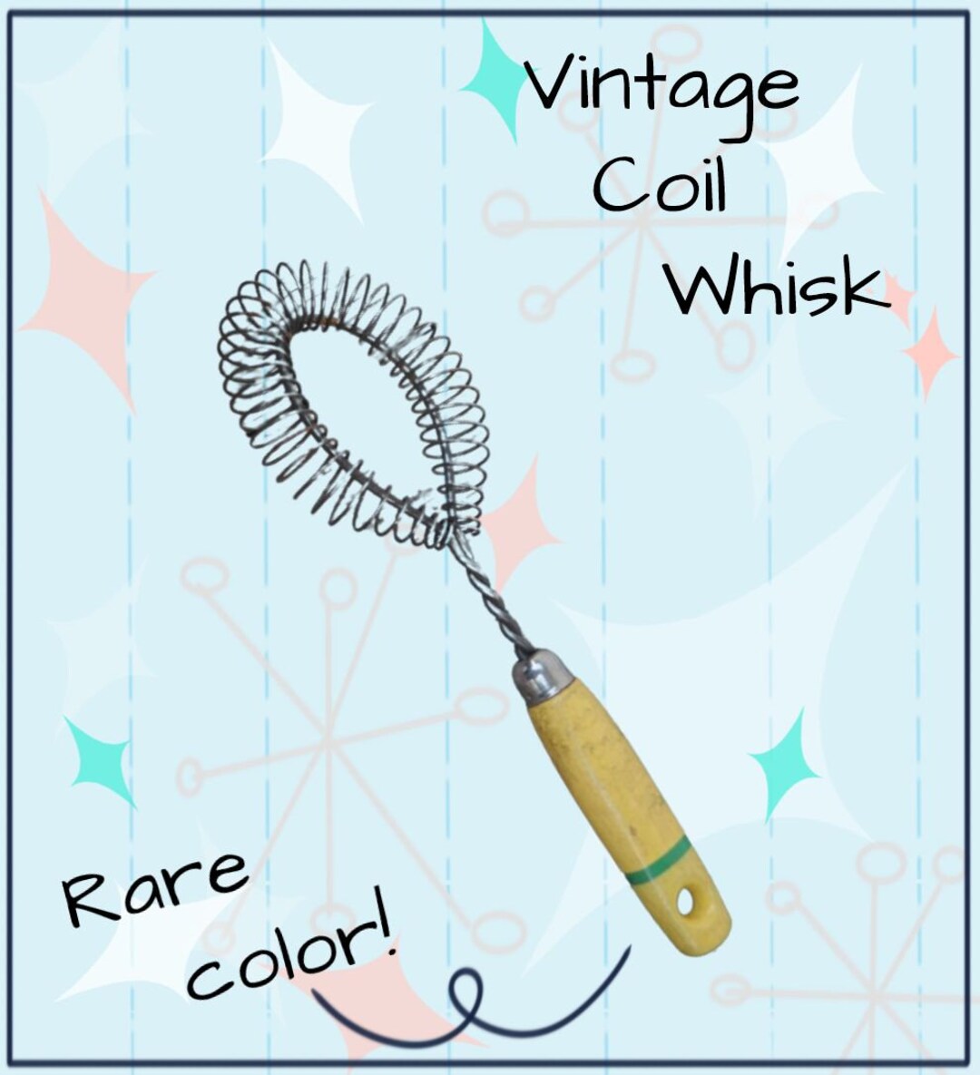 Vintage 1930s Coil Whisk Wooden Handled Egg Beater Rare Yellow Handle W ...