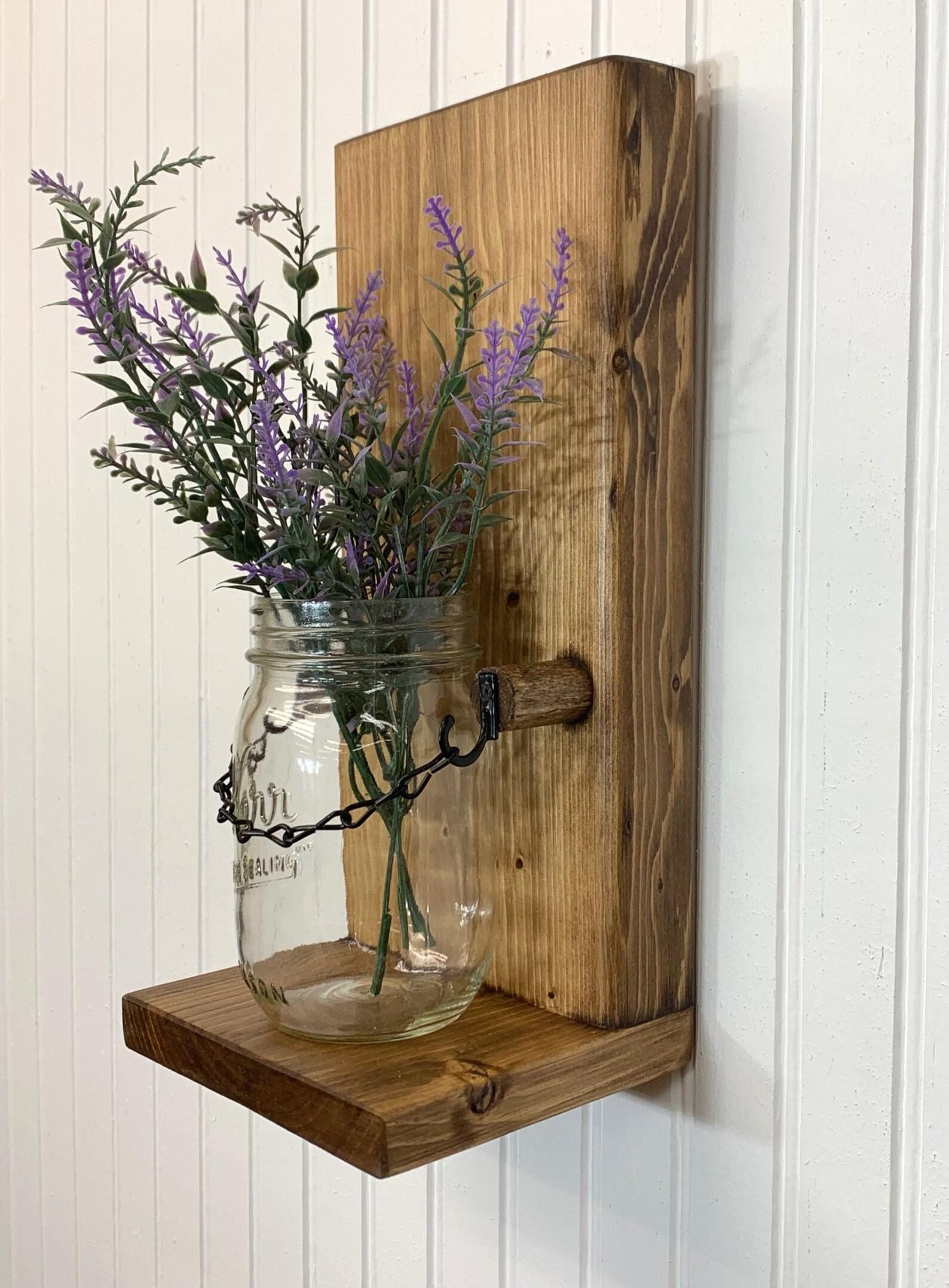 Country Elegance: Rustic Mason Jar Sconce With Wooden Shelf - Farmhouse ...