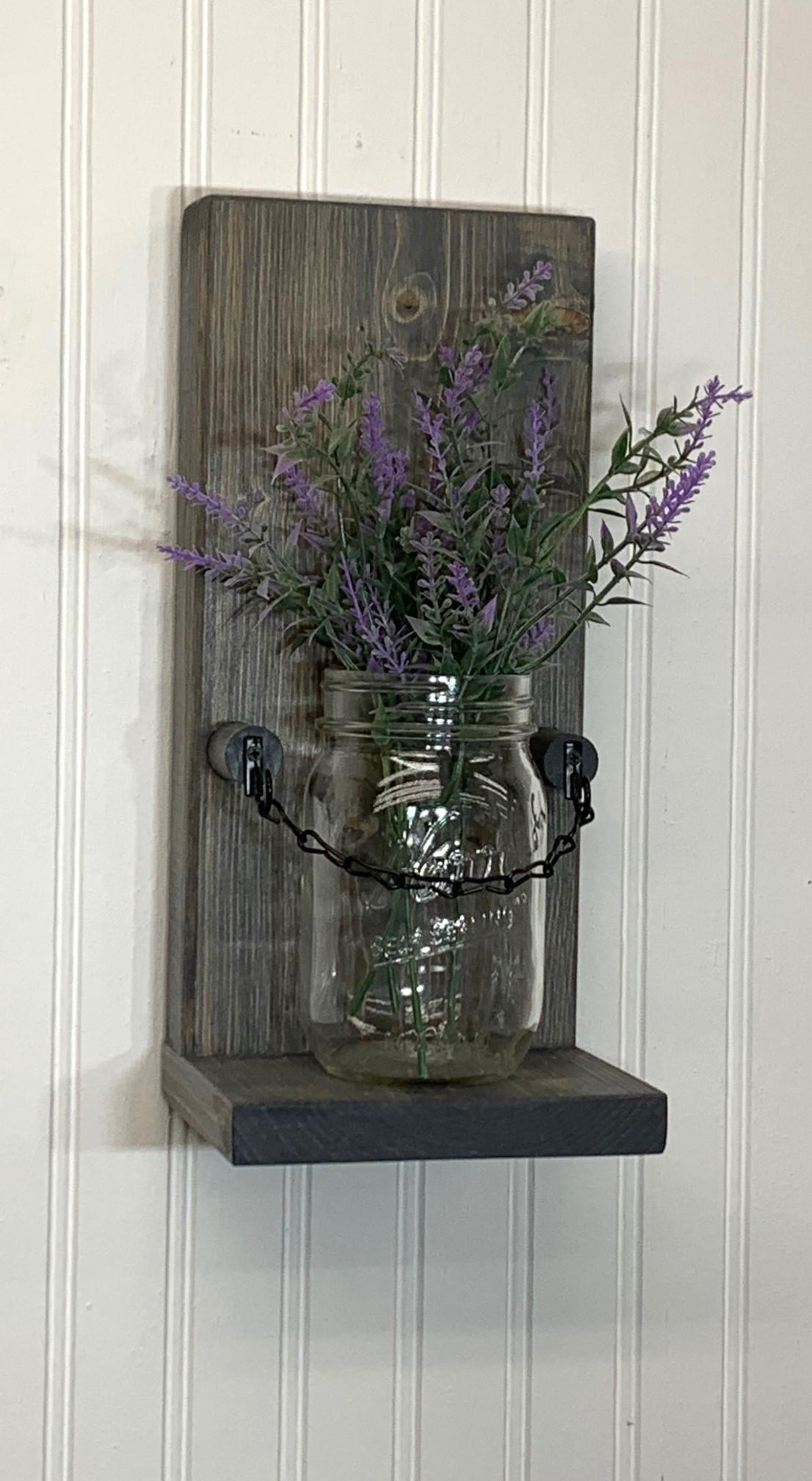 Country Elegance: Rustic Mason Jar Sconce With Wooden Shelf - Farmhouse ...