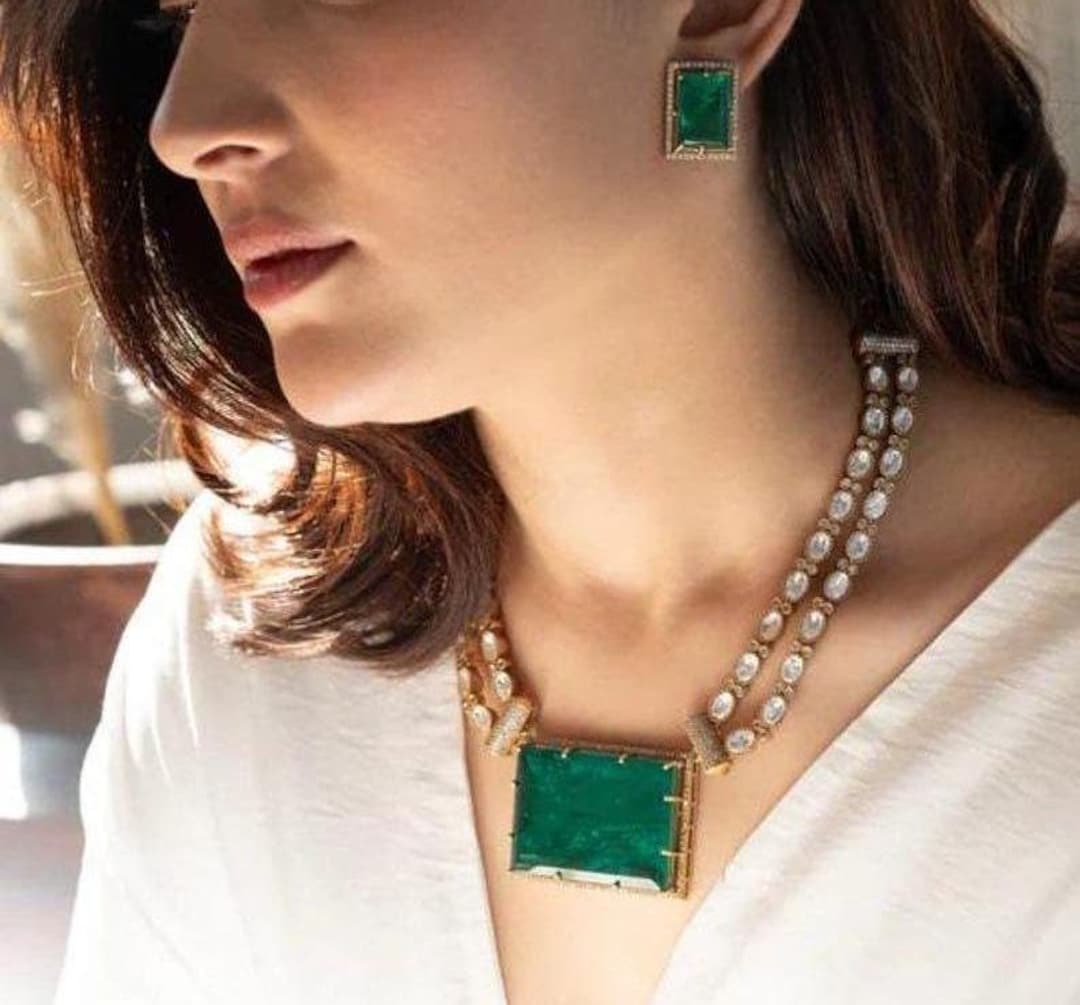 Emerald Green Ruby Polki Necklace Set Gold Plated Indian Wedding ...