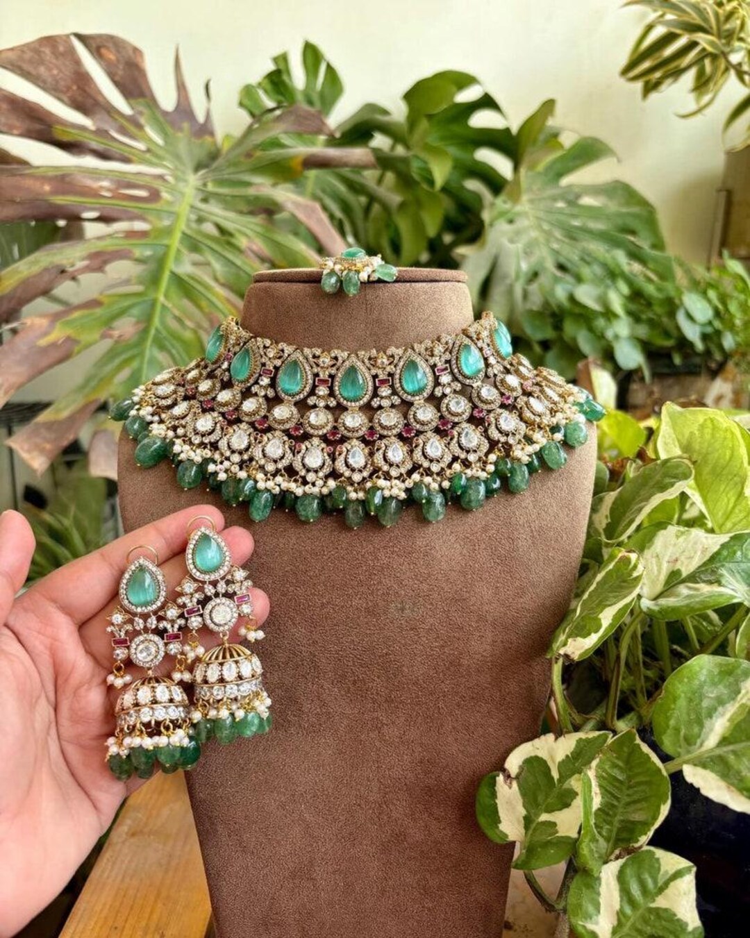 Mossanite Victorian Mint Necklace Set With Earrings and Tikka / Mint ...