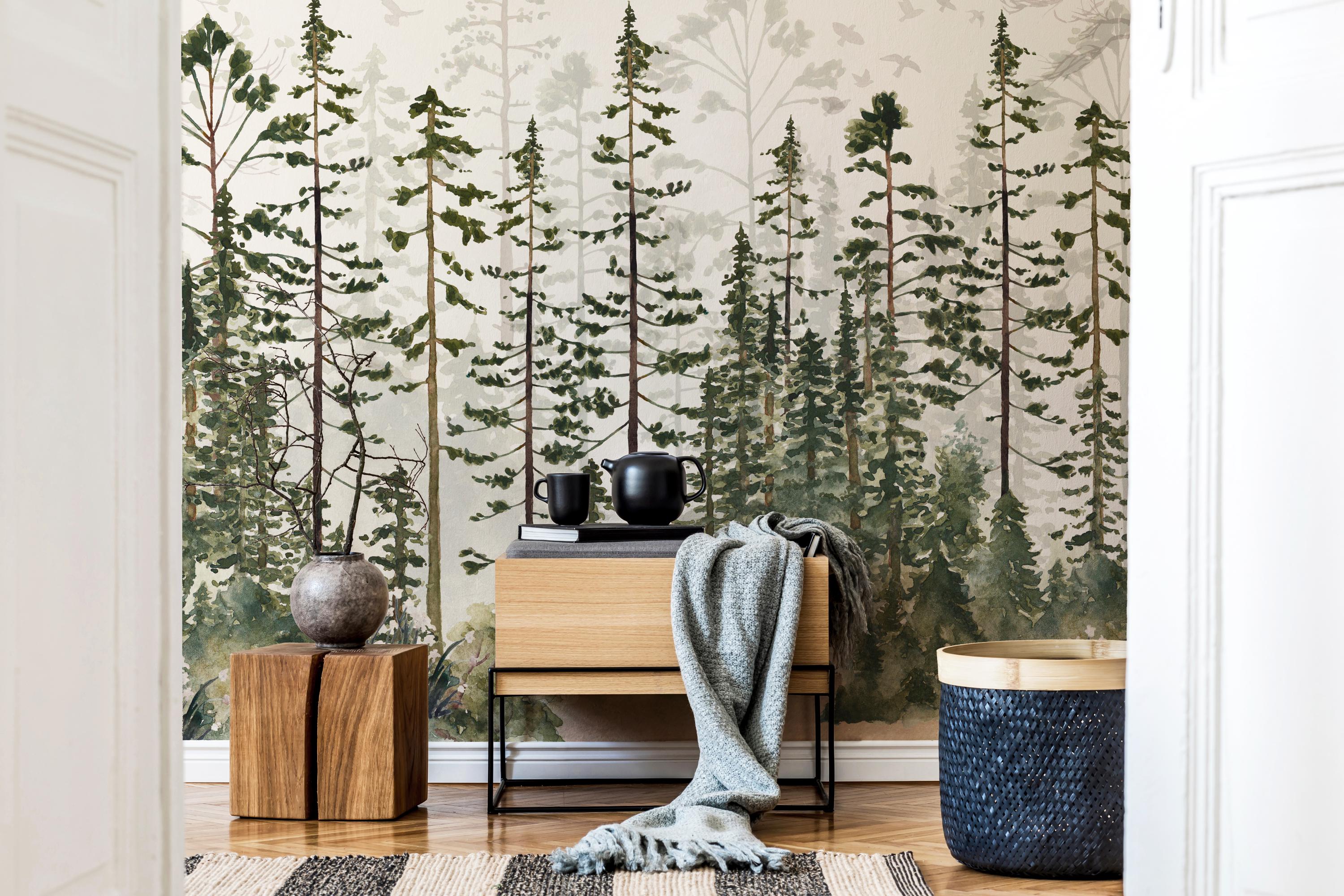 Pine Tree Forest Wallpaper Mural – Scandinavian Woodland Wall Art ...