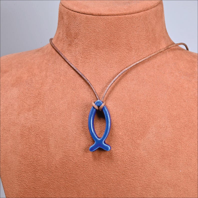 Ichthys Necklace – Christian Fish Ceramic Pendant on Leather Cord ...
