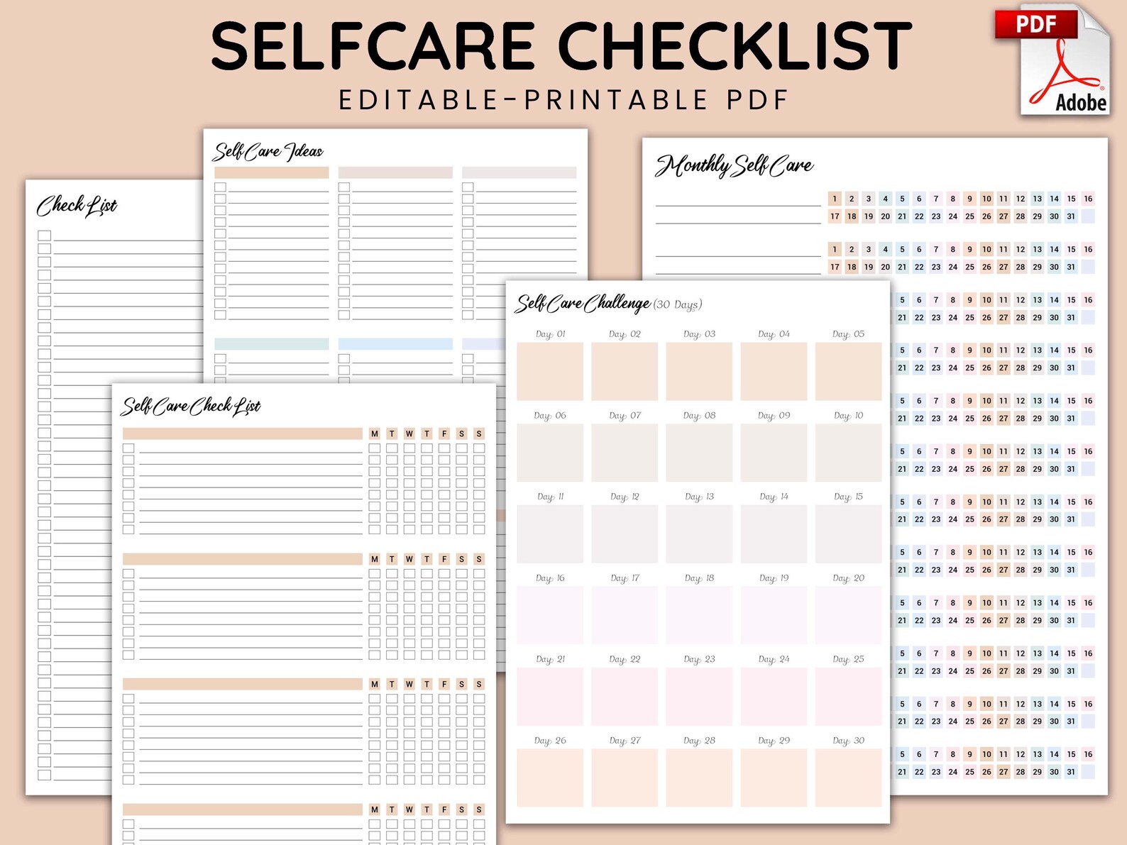 Self Care Checklist Bundle Printable, Wellness Planner, Self Care ...