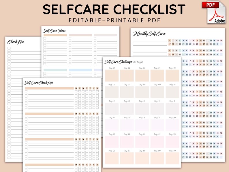Self Care Checklist Bundle Printable, Wellness Planner, Self Care ...