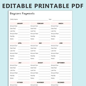 Day Care Payments Template, Daycare Payment Tracker, Child Care Payment ...