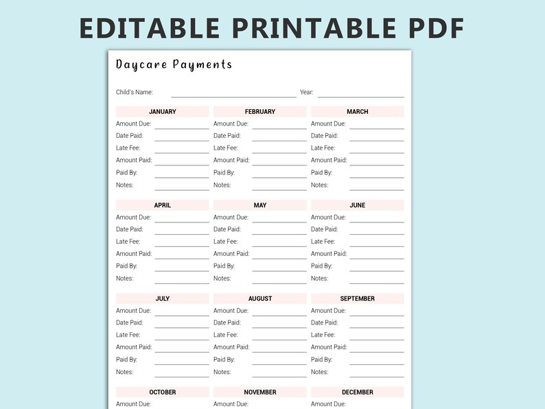 Day Care Payments Template, Daycare Payment Tracker, Child Care Payment ...