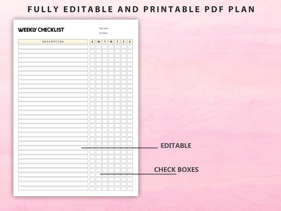 Printable Weekly Checklist Fillable, Weekly Task List, to Do List ...