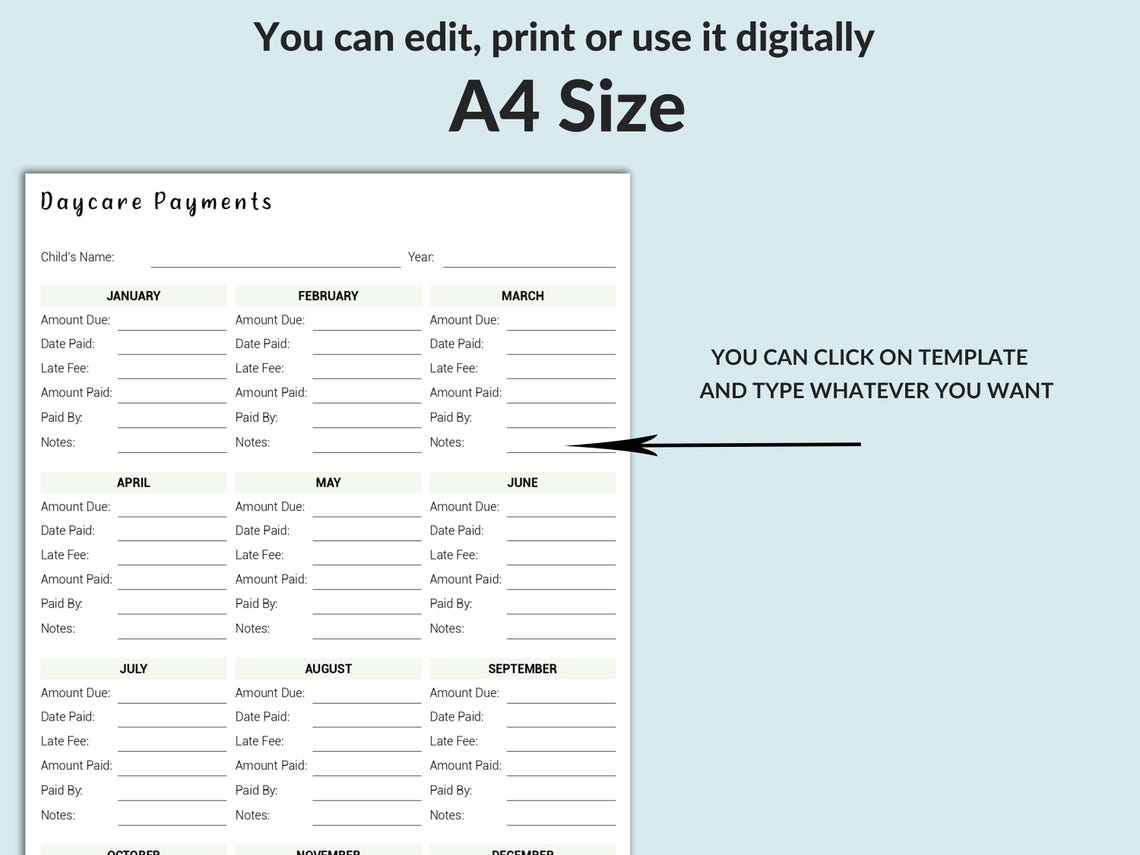 Day Care Payments Template, Daycare Payment Tracker, Child Care Payment ...