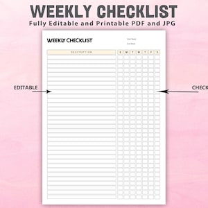 Printable Weekly Checklist Fillable, Weekly Task List, to Do List ...
