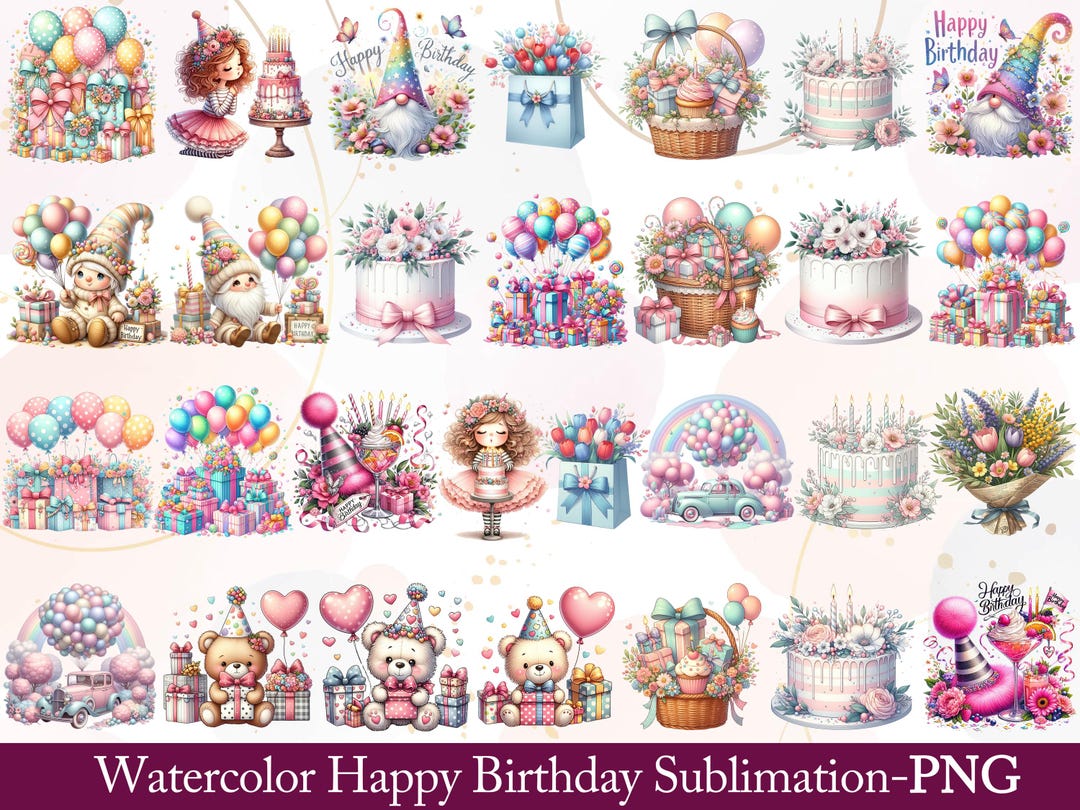 Watercolor Happy Birthday Sublimation, Birthday Party PNG, Balloons ...
