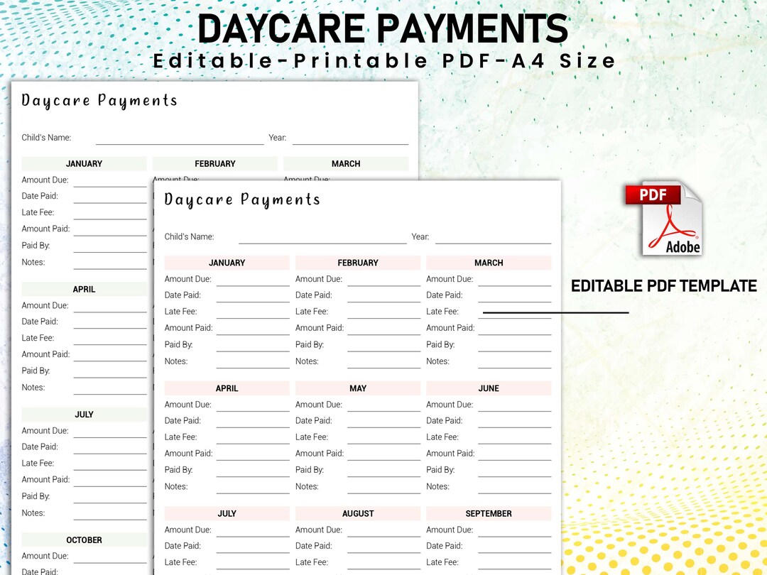 Day Care Payments Template, Daycare Payment Tracker, Child Care Payment ...