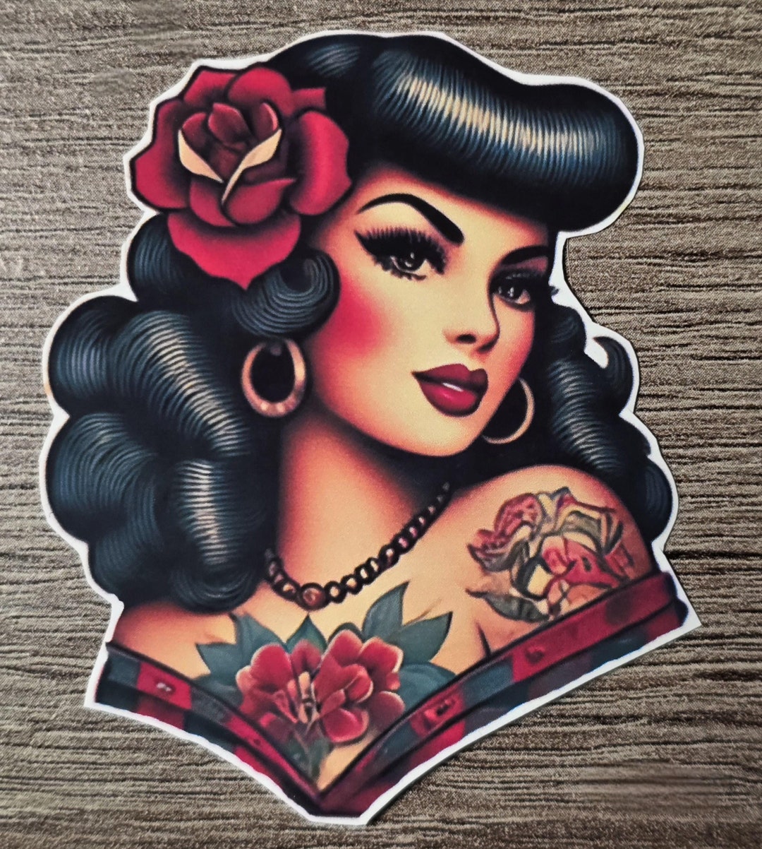 Vintage Tattoed Bombshell in Plaid - Sticker / Decal - Etsy