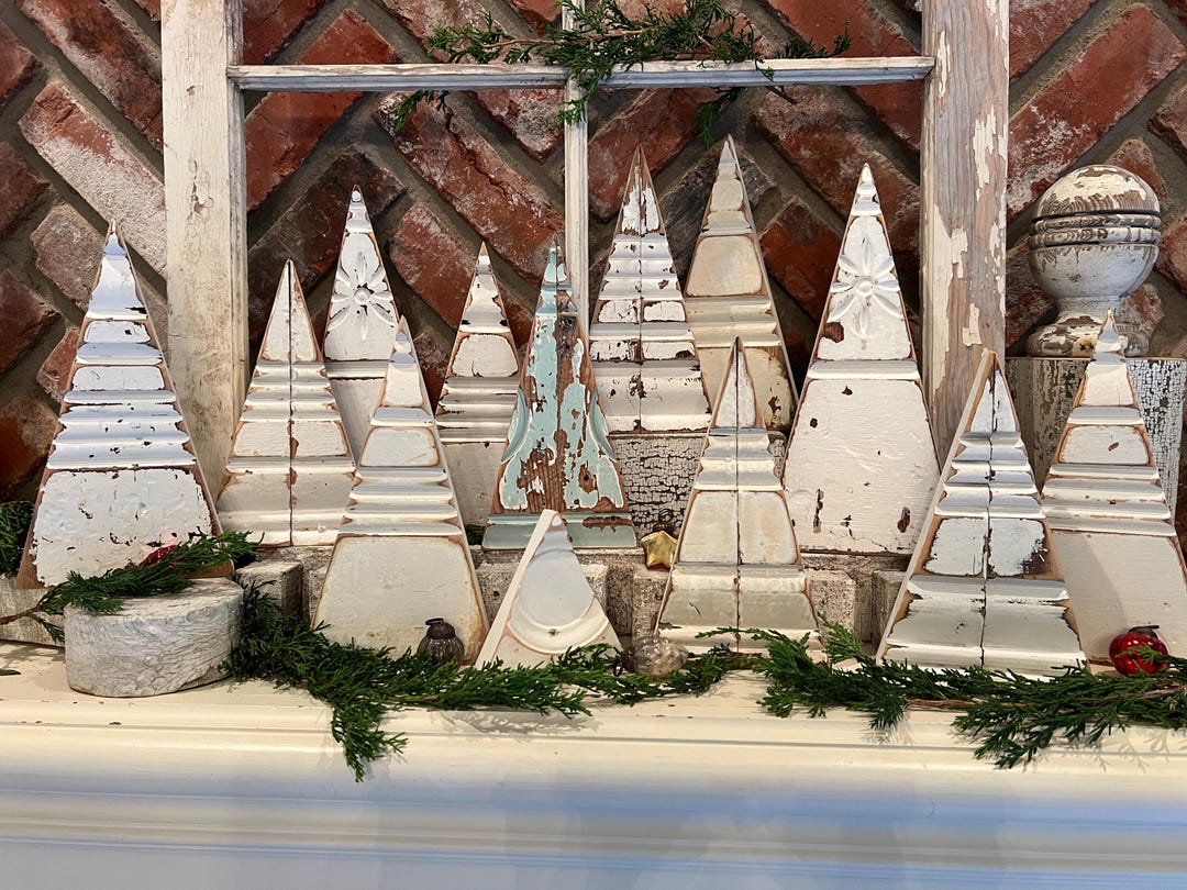 Vintage Christmas Decoration, Wood Chippy Paint Trees, Antique Table ...