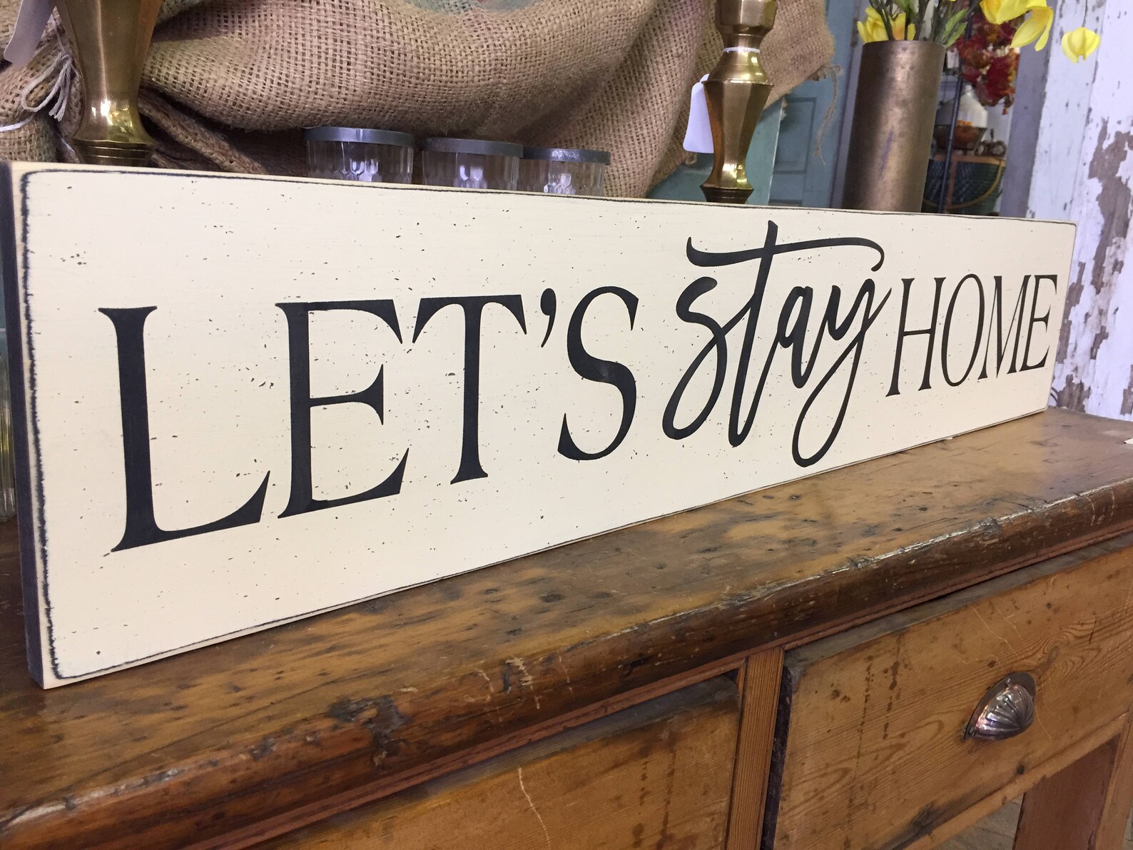 Let's Stay Home sign farmhouse decor distressed rustic | Etsy