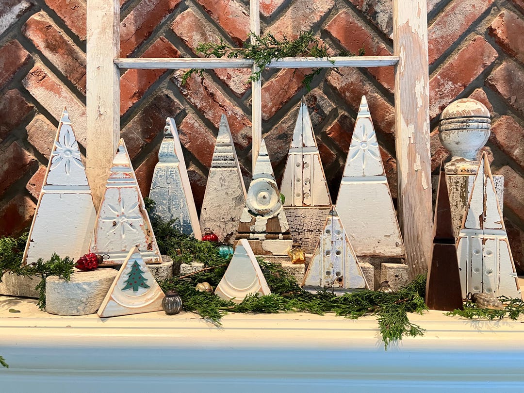 Vintage Christmas Decoration, Wood Chippy Paint Trees, Antique Plinth ...