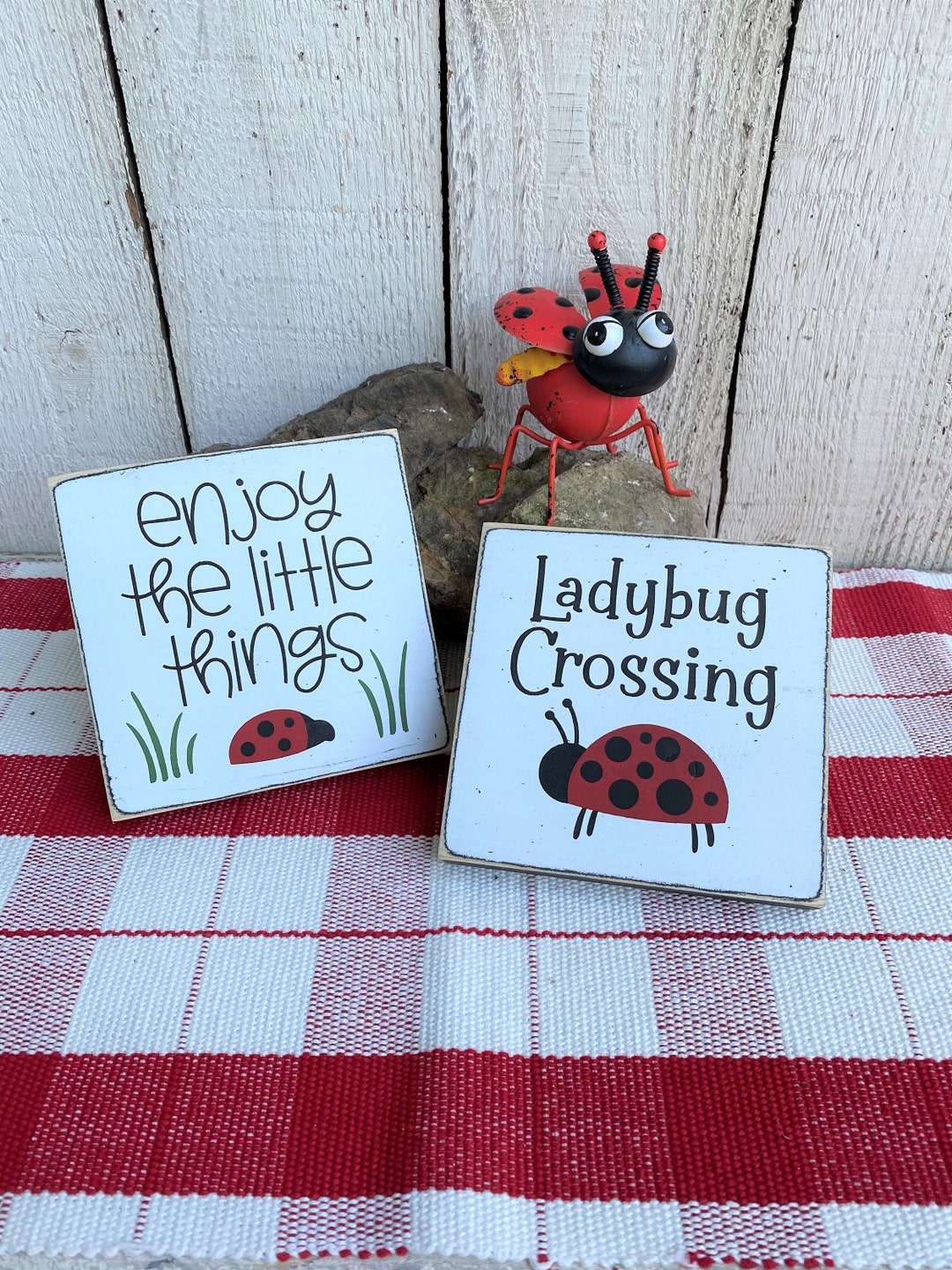 Hand Painted Ladybug Sign: Garden Decor, Distressed Summer Tiered Tray ...