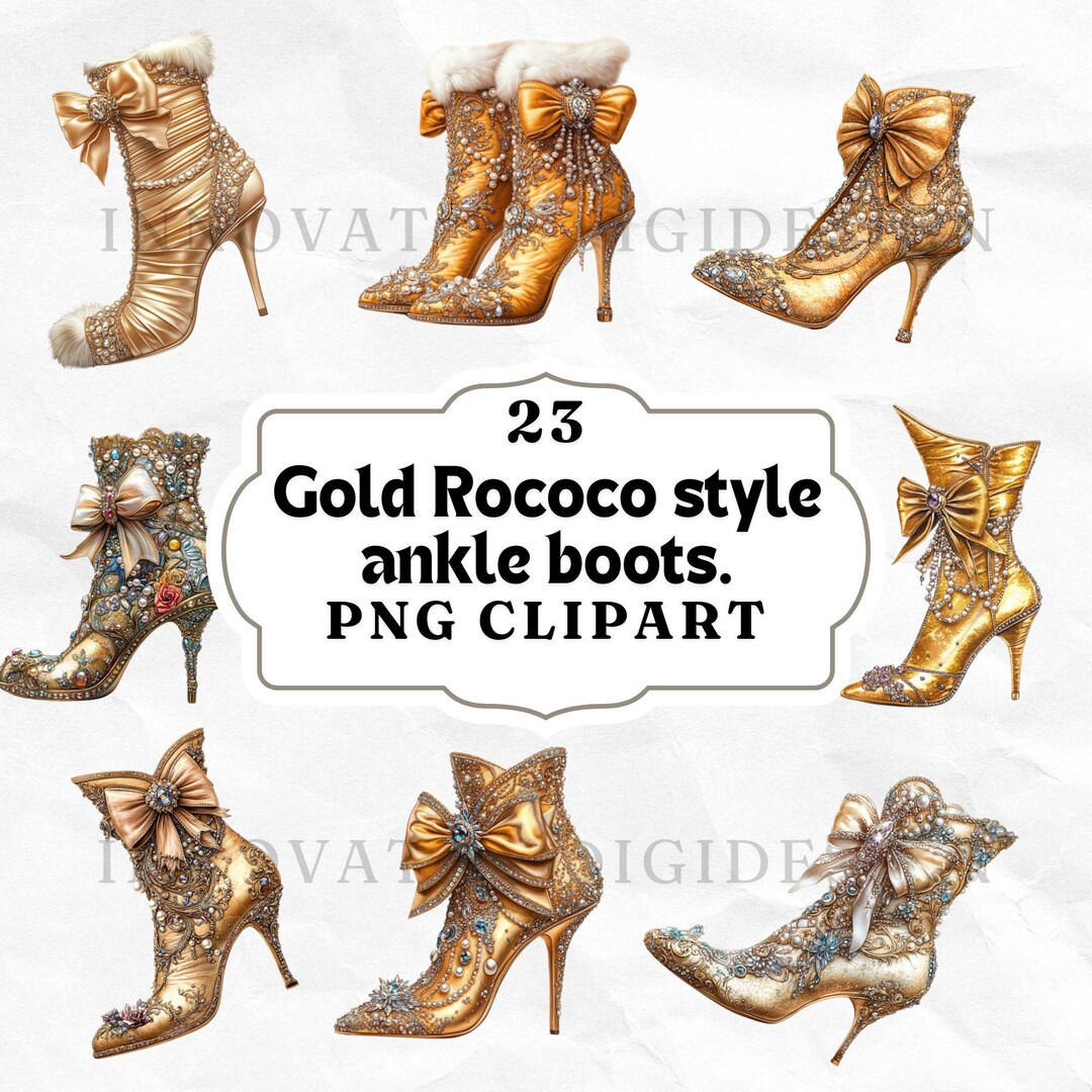 Gold Rococo Ankle Boots. Watercolour Illustration,clipart Bundle ...