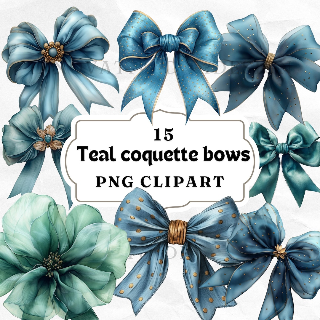 Teal Coquette Watercolour Bows. Bow Clipart Png,bow Sublimation,bow ...