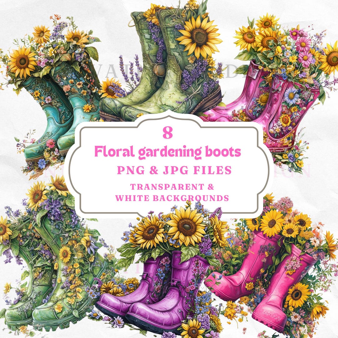 Garden Boots Clipart Bundle, PNG JPG Files. Floral Artwork,gardening ...