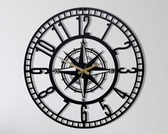 Unique Latin Numeral Compass Metal Wall Clock, Extra Large Modern ...